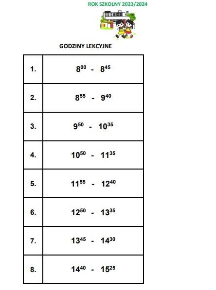 Godziny lekcji i przerw - Szkoła Podstawowa im. Jana Pawła II w Lamkach